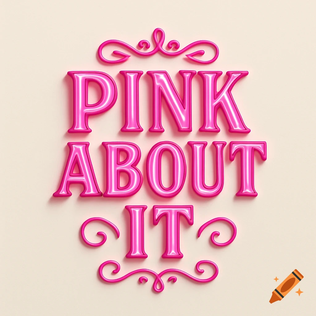 Shiny pink 3D text spelling 'PINK ABOUT IT' with decorative swirls on a ...