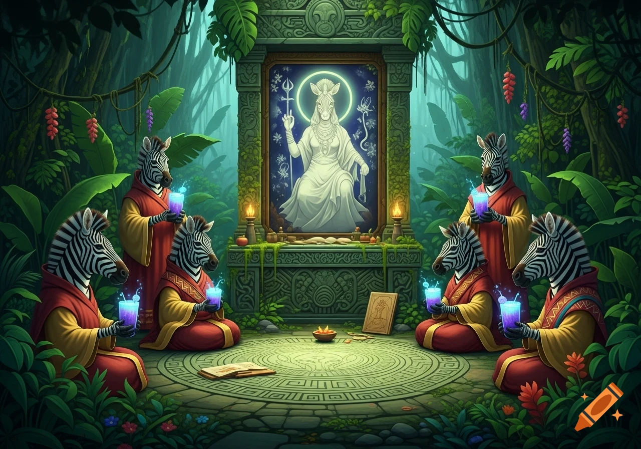 Anthropomorphic zebra monks in robes worship a zebra goddess image in a ...