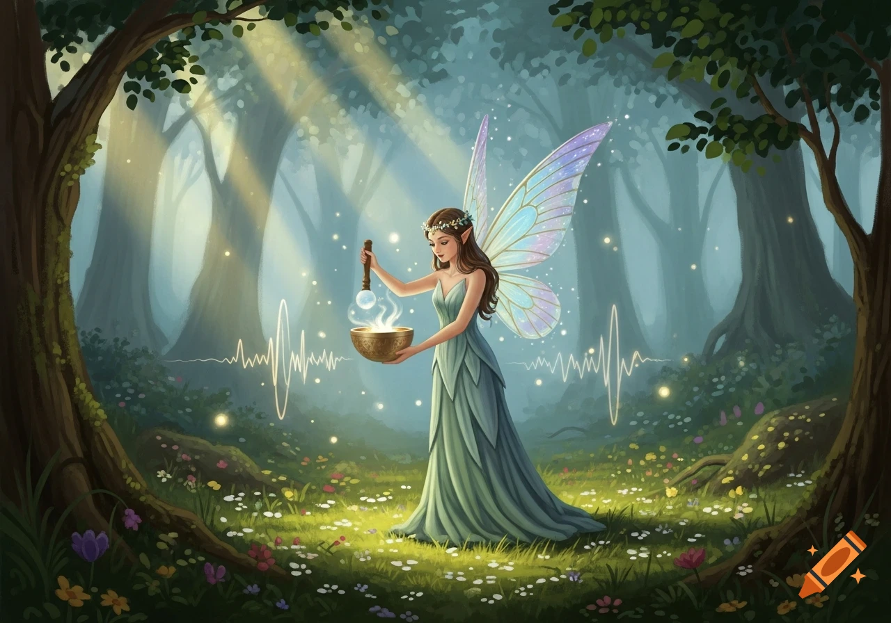 An illustrated fairy with butterfly wings in an enchanted forest ...