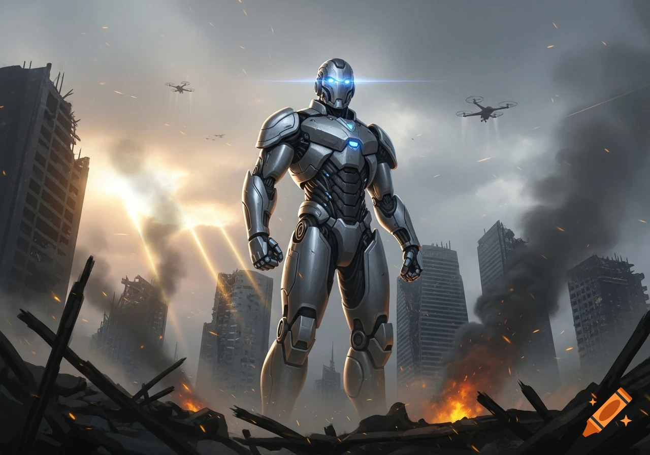 A powerful silver robot soldier stands among burning, ruined city ...