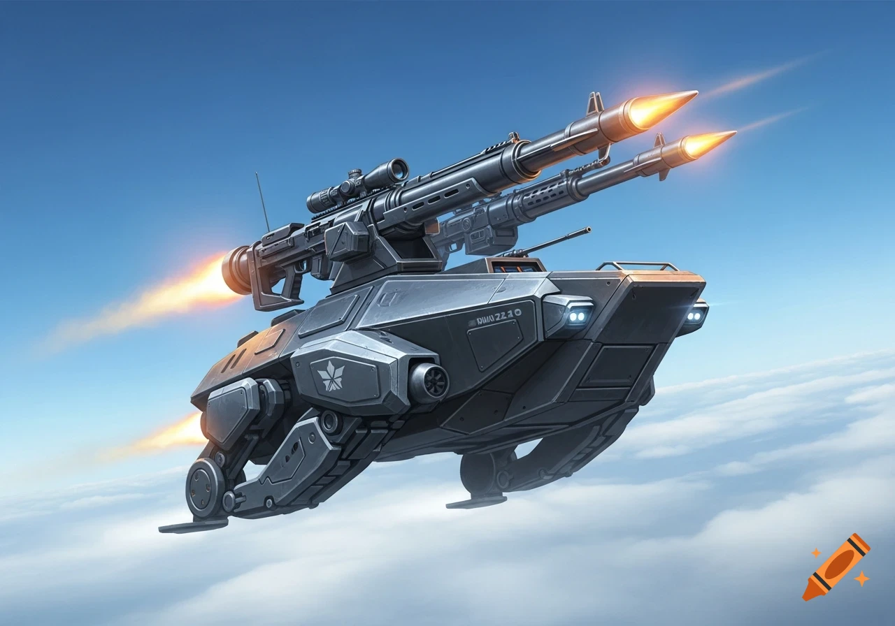 A futuristic flying tank with multiple weapon turrets and rocket ...