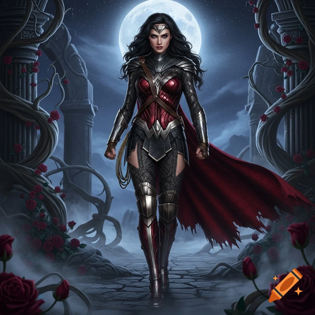 Gothic Wonder Woman in dark armor and red cape, walking through moonlit ...