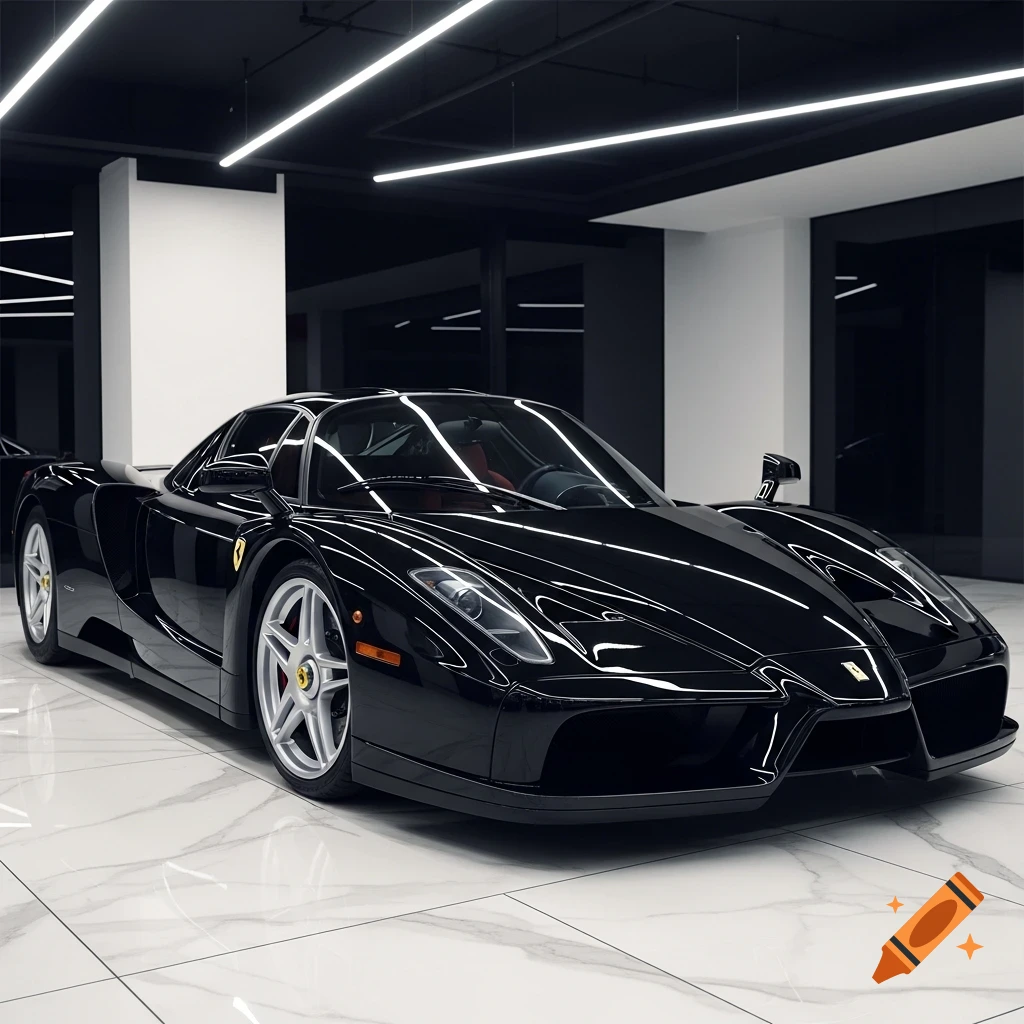 A shiny black Ferrari Enzo car parked on a white marble floor in a ...