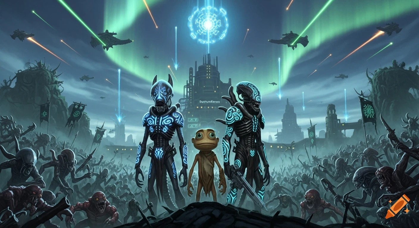 Abe, a Yautja-like alien, and another alien warrior lead a vast army of ...