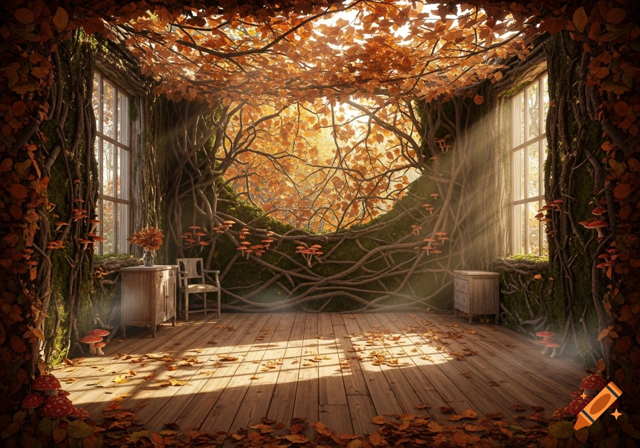 An enchanting room overgrown with autumn trees, roots, and falling ...