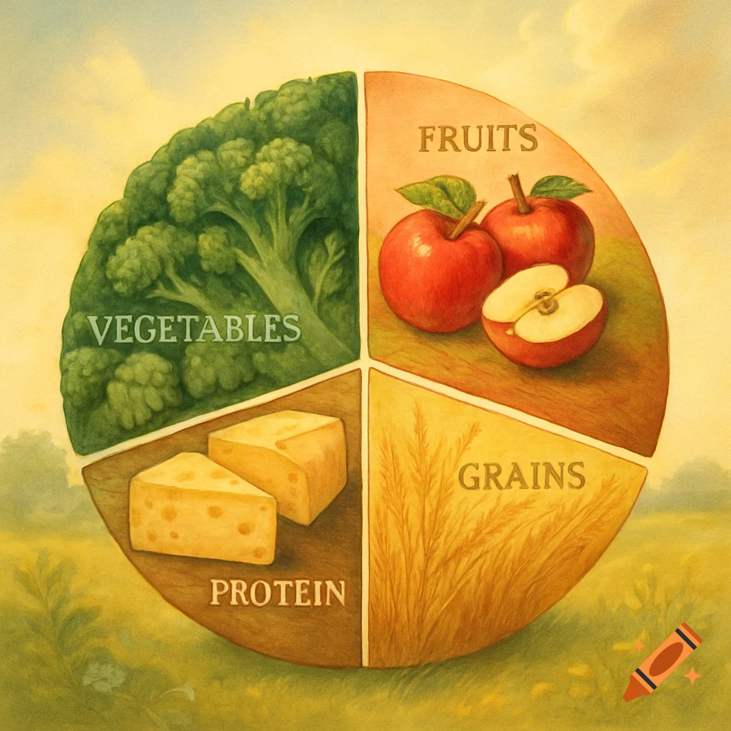 An illustrated pie chart depicting healthy eating, with sections for ...