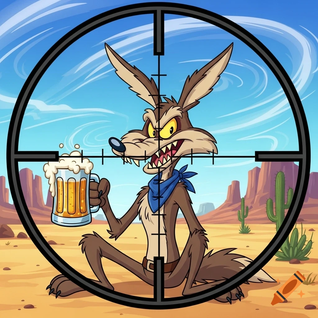 A cartoon coyote with a blue bandana sits in a desert, holding a foamy ...