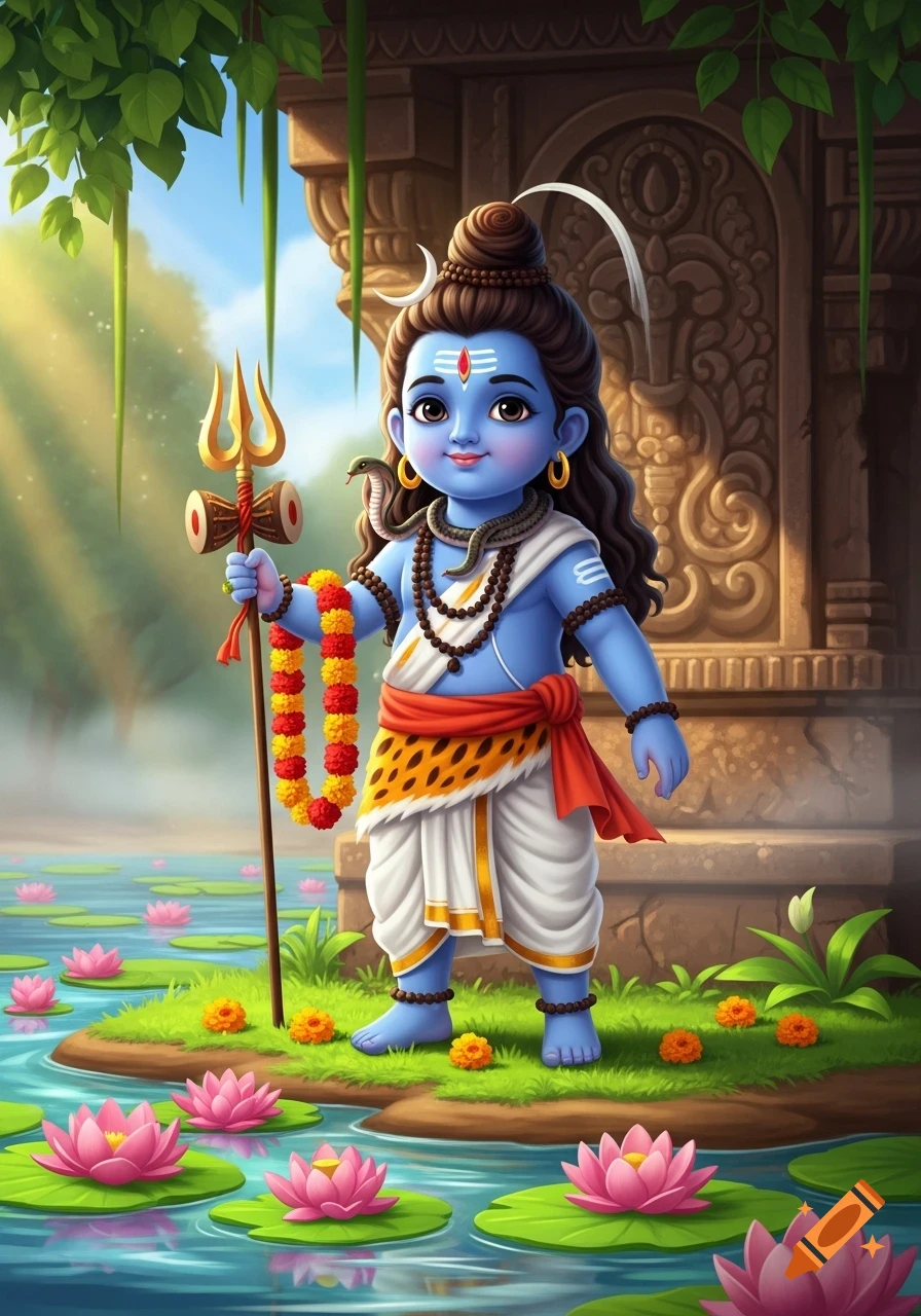 Animated blue-skinned child Lord Shiva holding a trident and flower ...