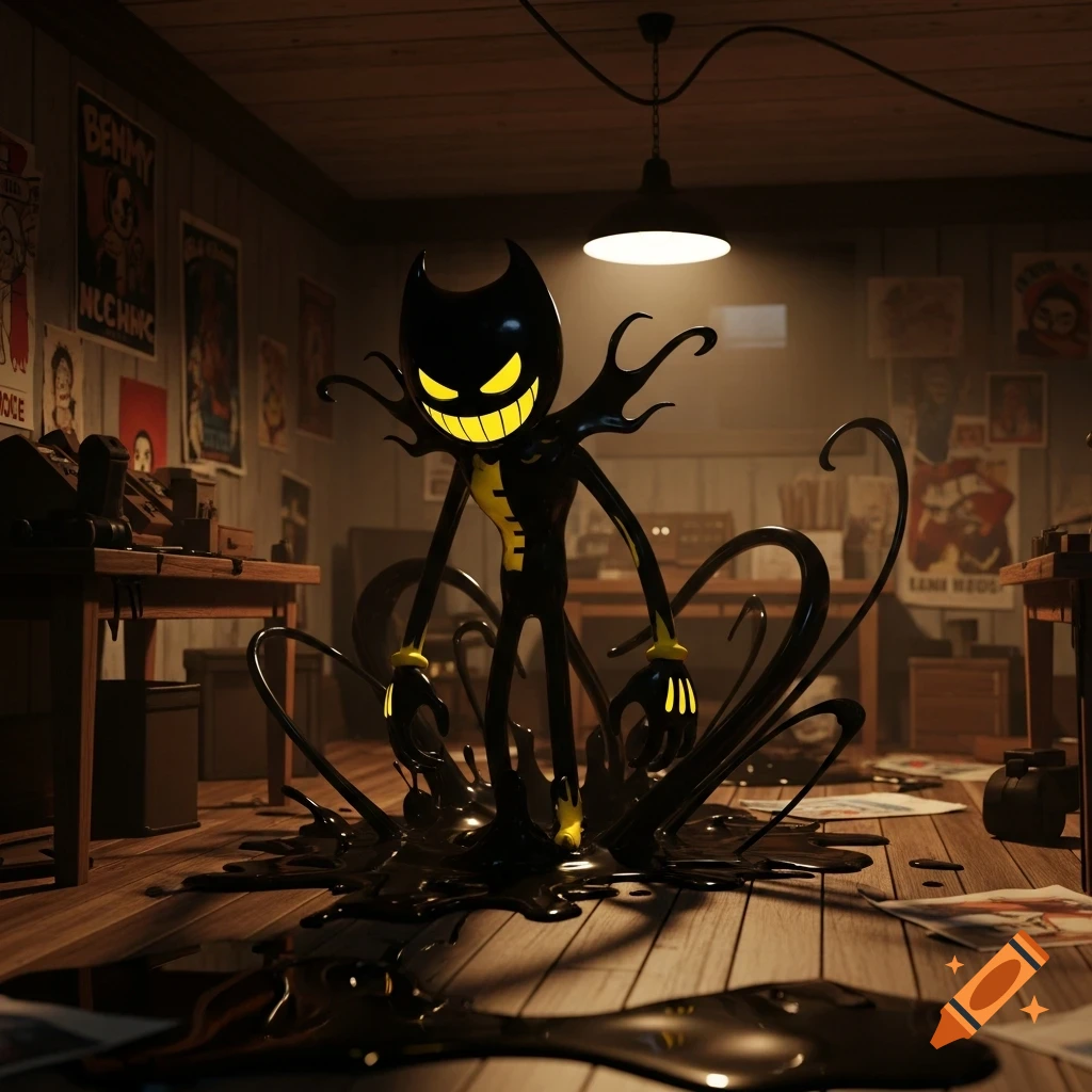 A creepy black and yellow ink demon with glowing eyes and jagged teeth ...