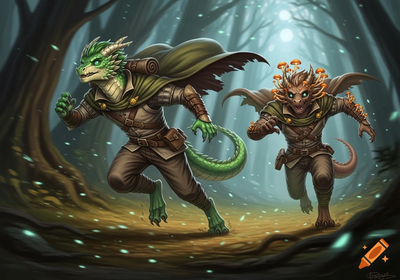 A green anthropomorphic dragon runs through a mystical forest, chased ...