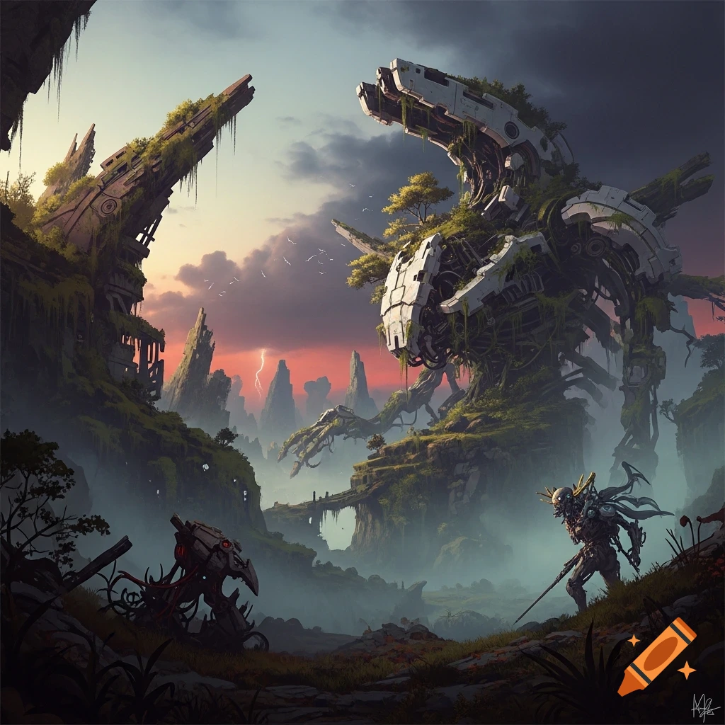 A detailed, surreal post-apocalyptic landscape featuring overgrown ...