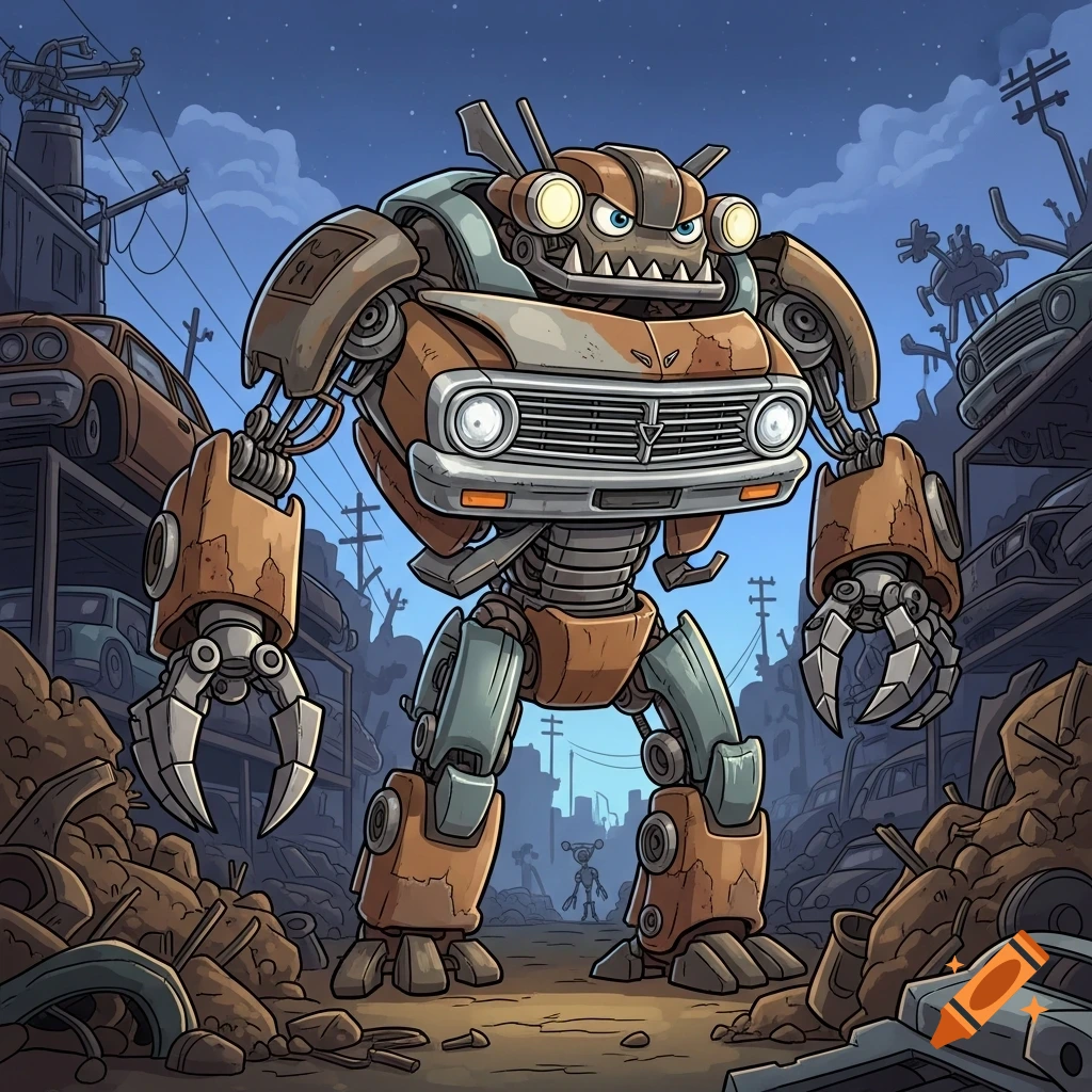 A cartoon illustration of a large monster robot made of rusty car parts ...