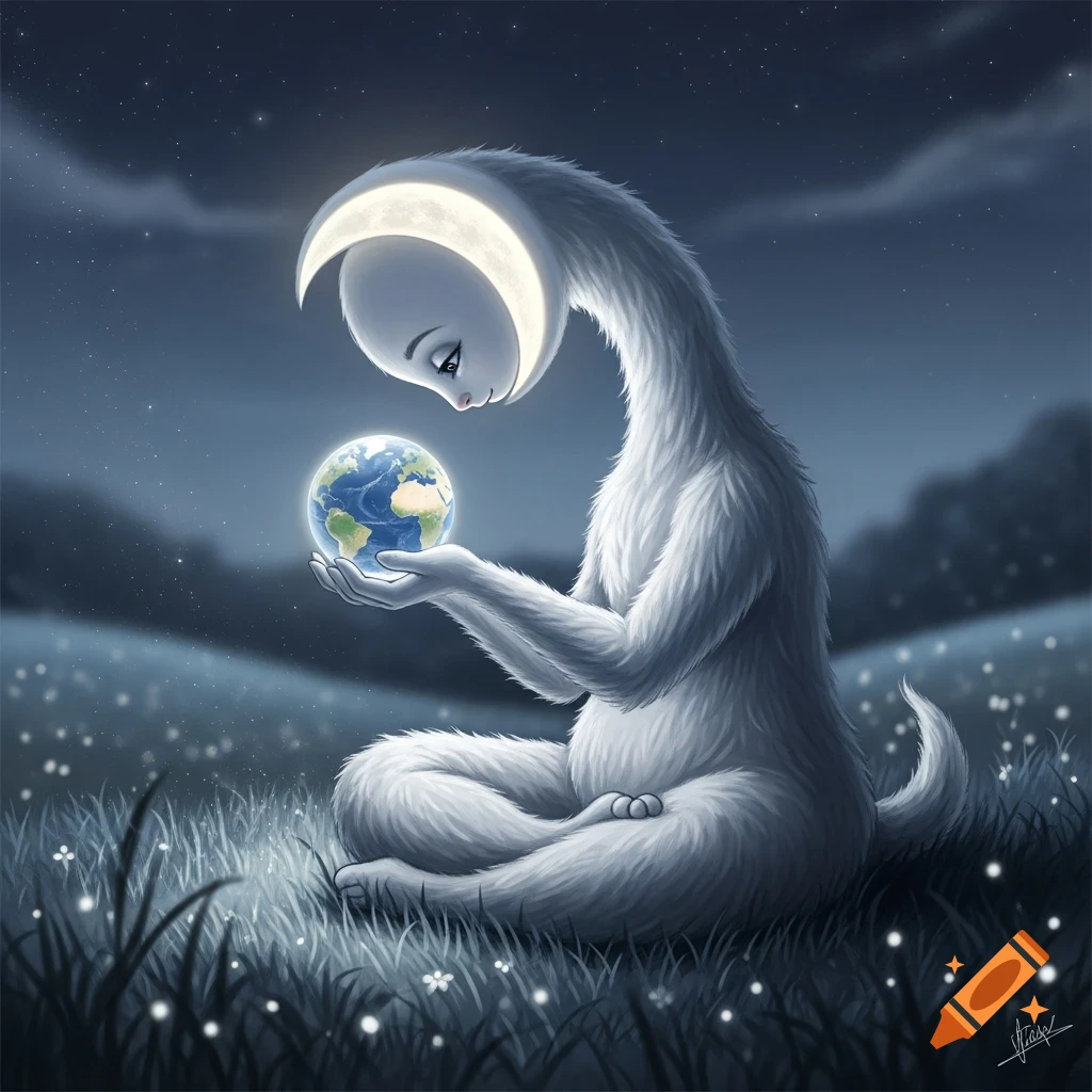 A fluffy white creature with a crescent moon head sits in a grassy ...