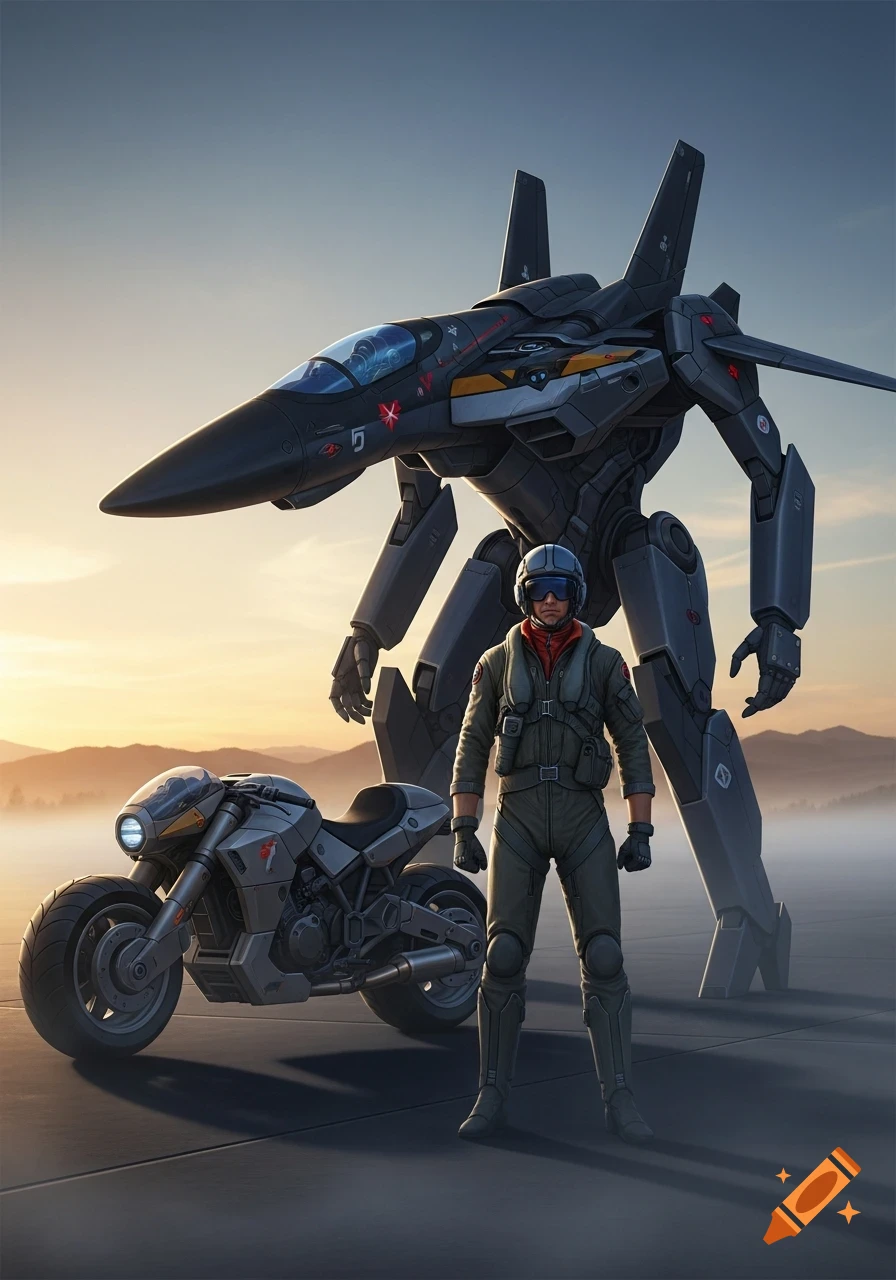 A pilot stands in front of a transforming jet mecha in GERWALK mode and ...