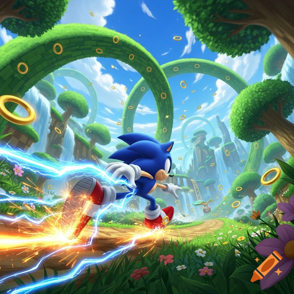 Sonic the Hedgehog speeds through a vibrant, green, loop-filled ...