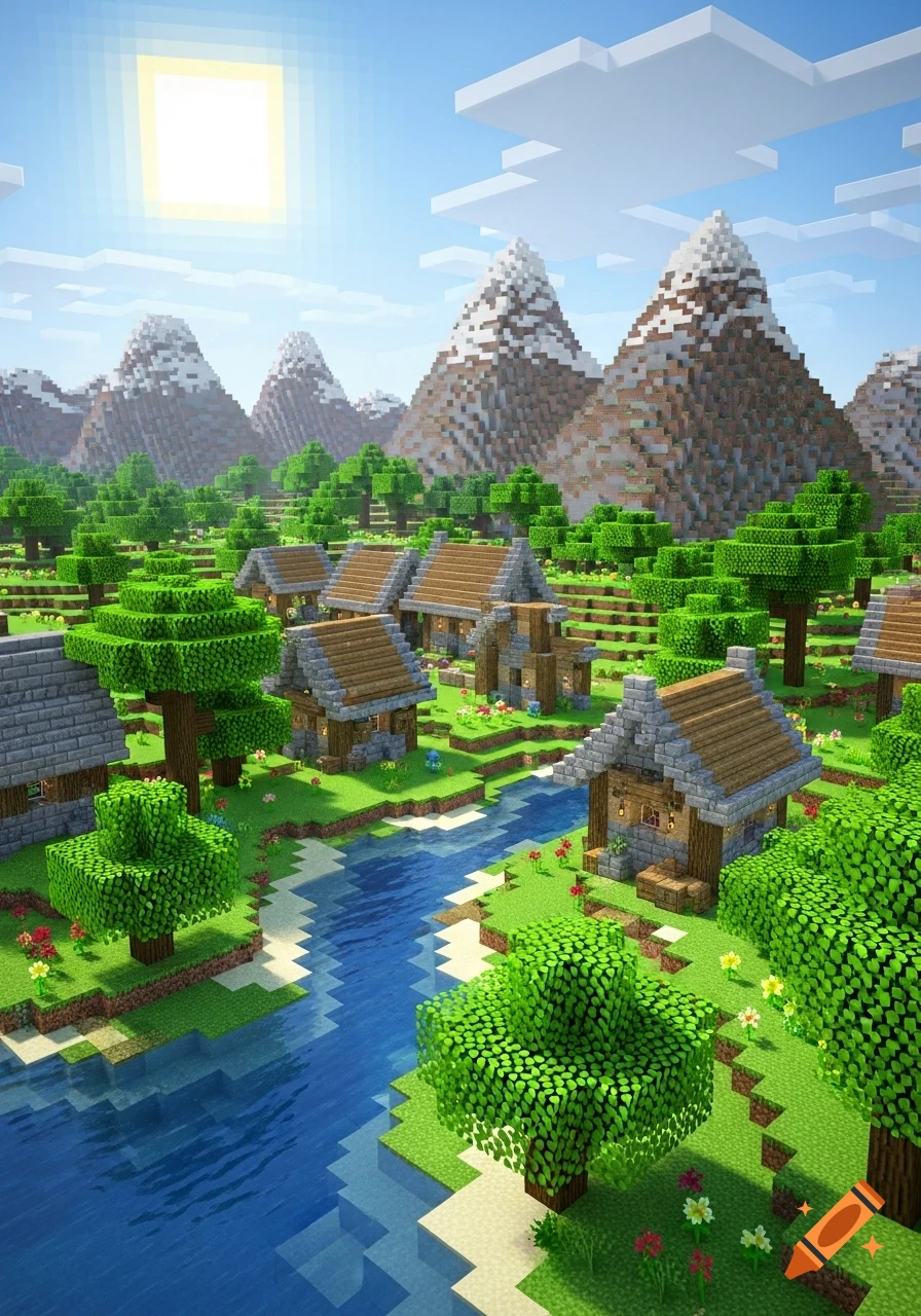 A vibrant Minecraft-style village with blocky houses, a river, green ...