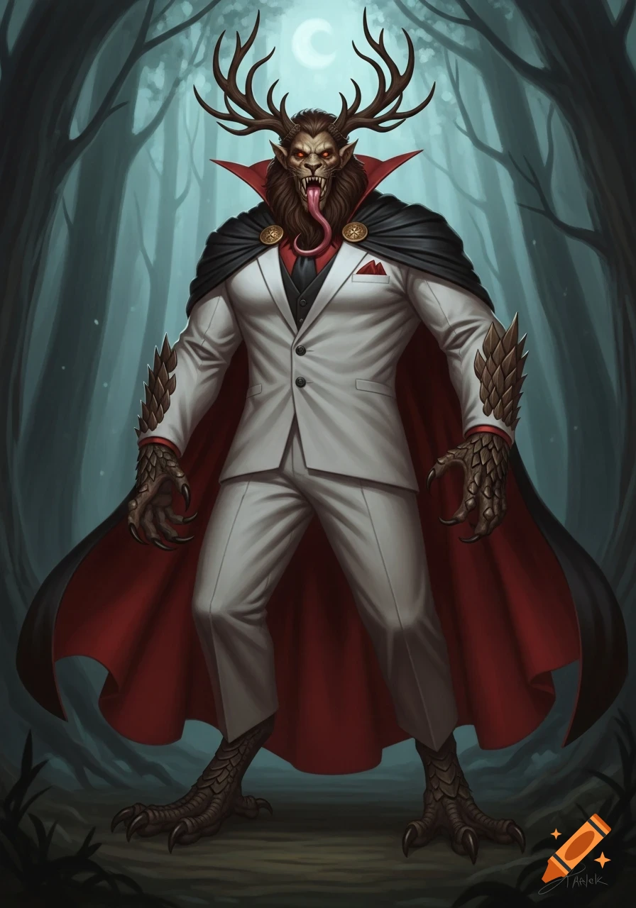 A monstrous vampire in a white suit and red cape stands in a dark ...