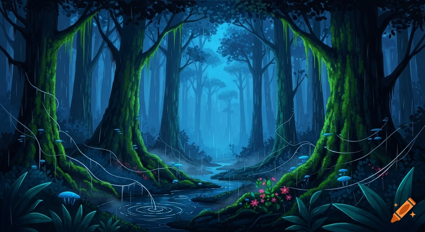 A vibrant, stylized dark blue rainforest scene with tall mossy trees, a ...