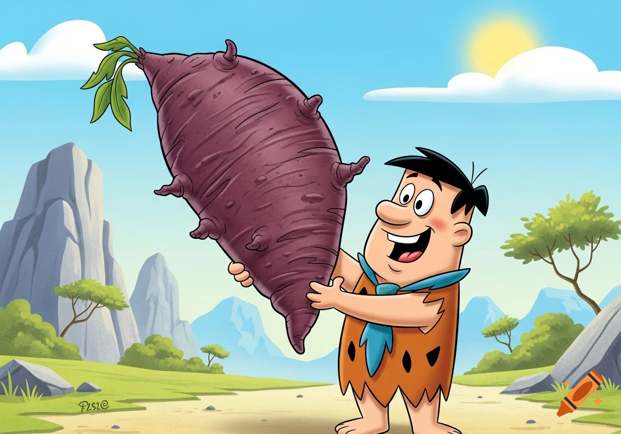 Fred Flintstone happily holds a giant purple yam with green leaves in a ...