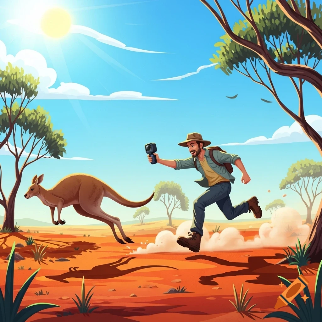 A man in a hat runs across a sunny, orange desert, holding a camera ...