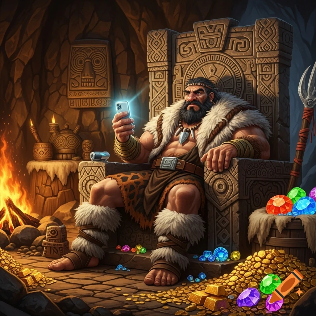 A muscular caveman with a beard and fur attire sits on an ornate stone ...