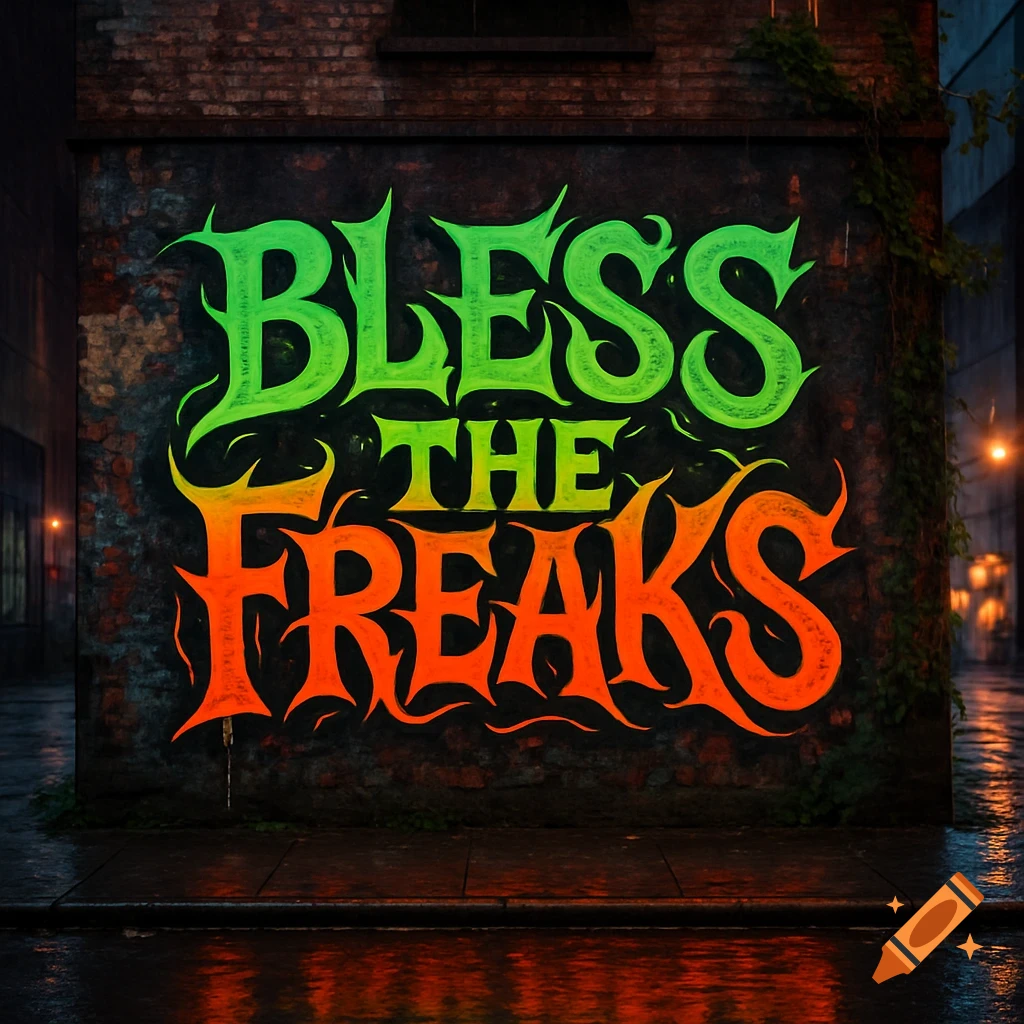 Vibrant green and orange graffiti reading 'BLESS THE FREAKS' on a dark ...