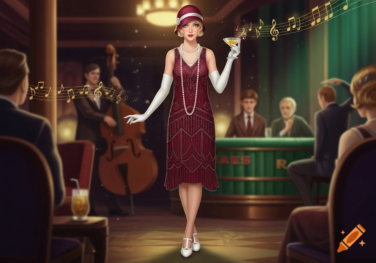 A blonde woman in a burgundy flapper dress, cloche hat, and white ...