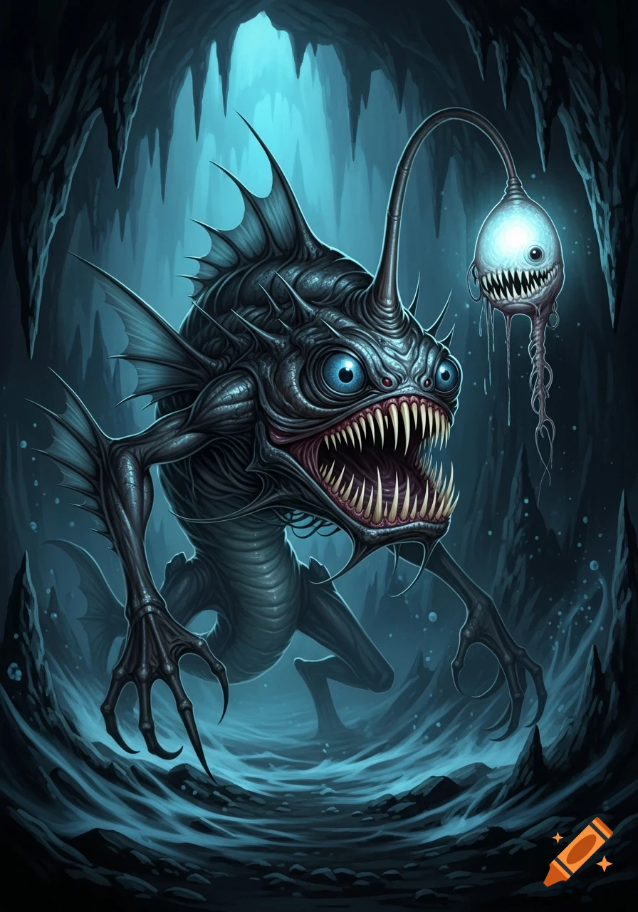 A monstrous anglerfish-like creature with sharp teeth, glowing blue ...