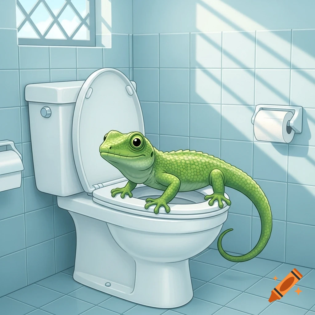 A cartoon green lizard sits on an open toilet seat in a light blue ...