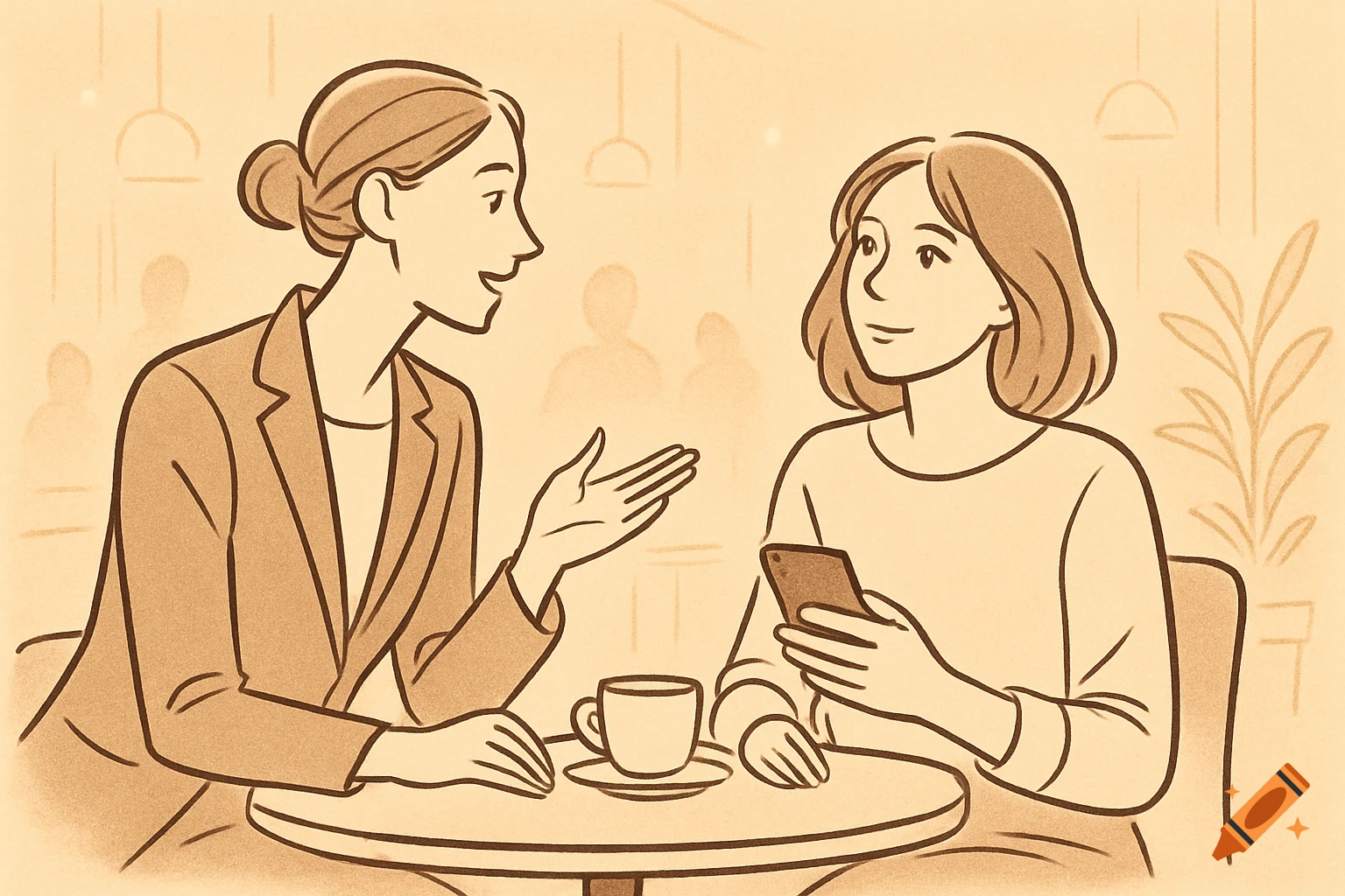 A simple drawing of two women talking at a cafe table, one gesturing ...