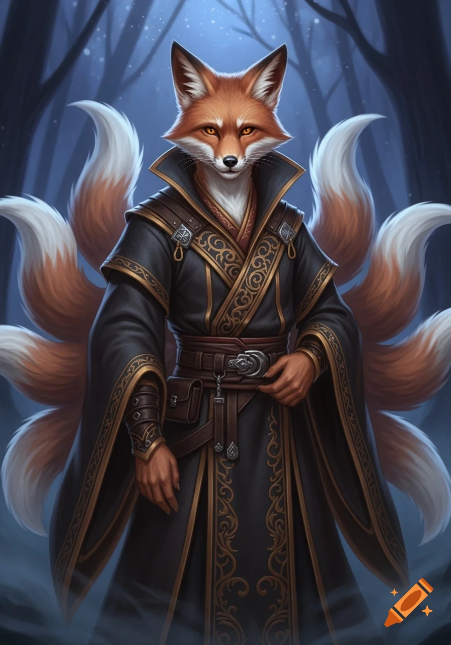 A majestic humanoid fox in ornate dark sorcerer robes stands in a ...