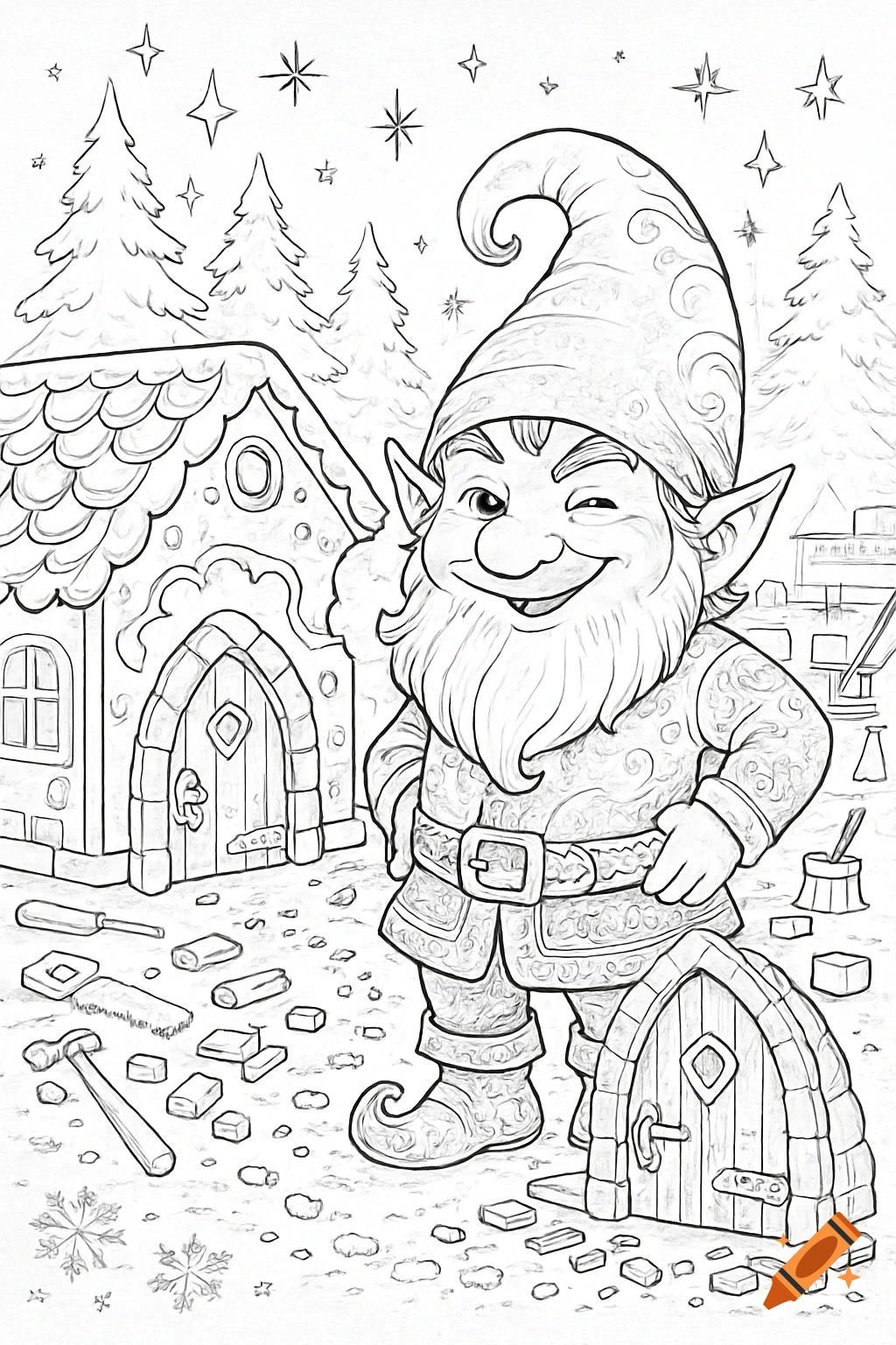 A line art coloring page features a winking gnome with a beard and ...