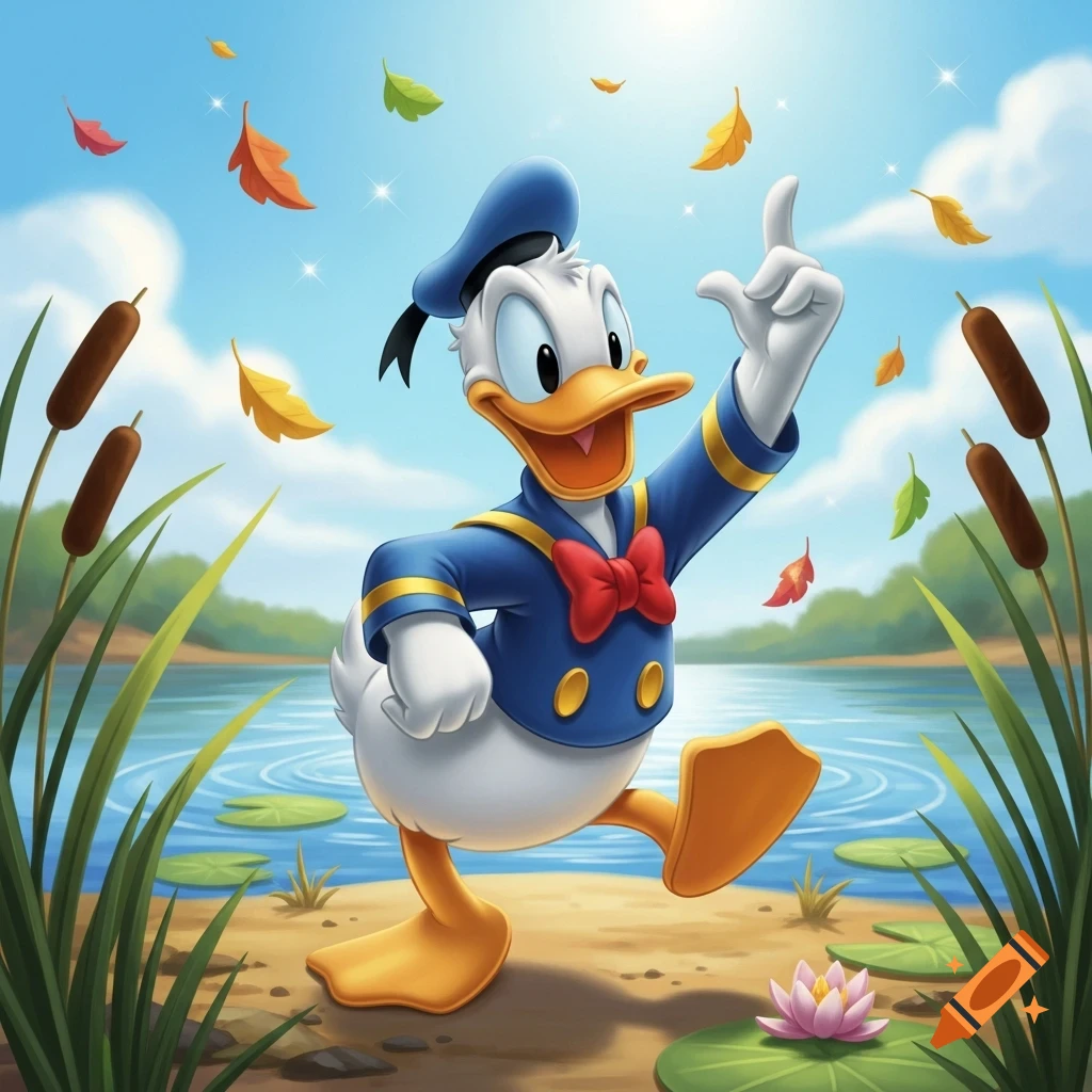 Donald Duck happily walking on a pond bank with falling autumn leaves ...