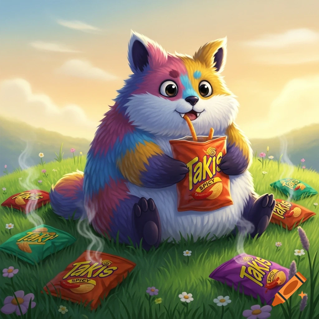 A fluffy, multi-colored cartoon animal happily eating spicy Takis chips ...