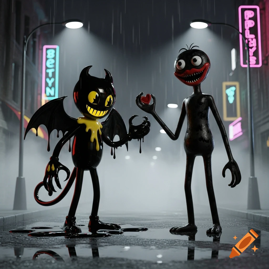 Two creepy, stylized black cartoon characters, one resembling Ink Demon ...