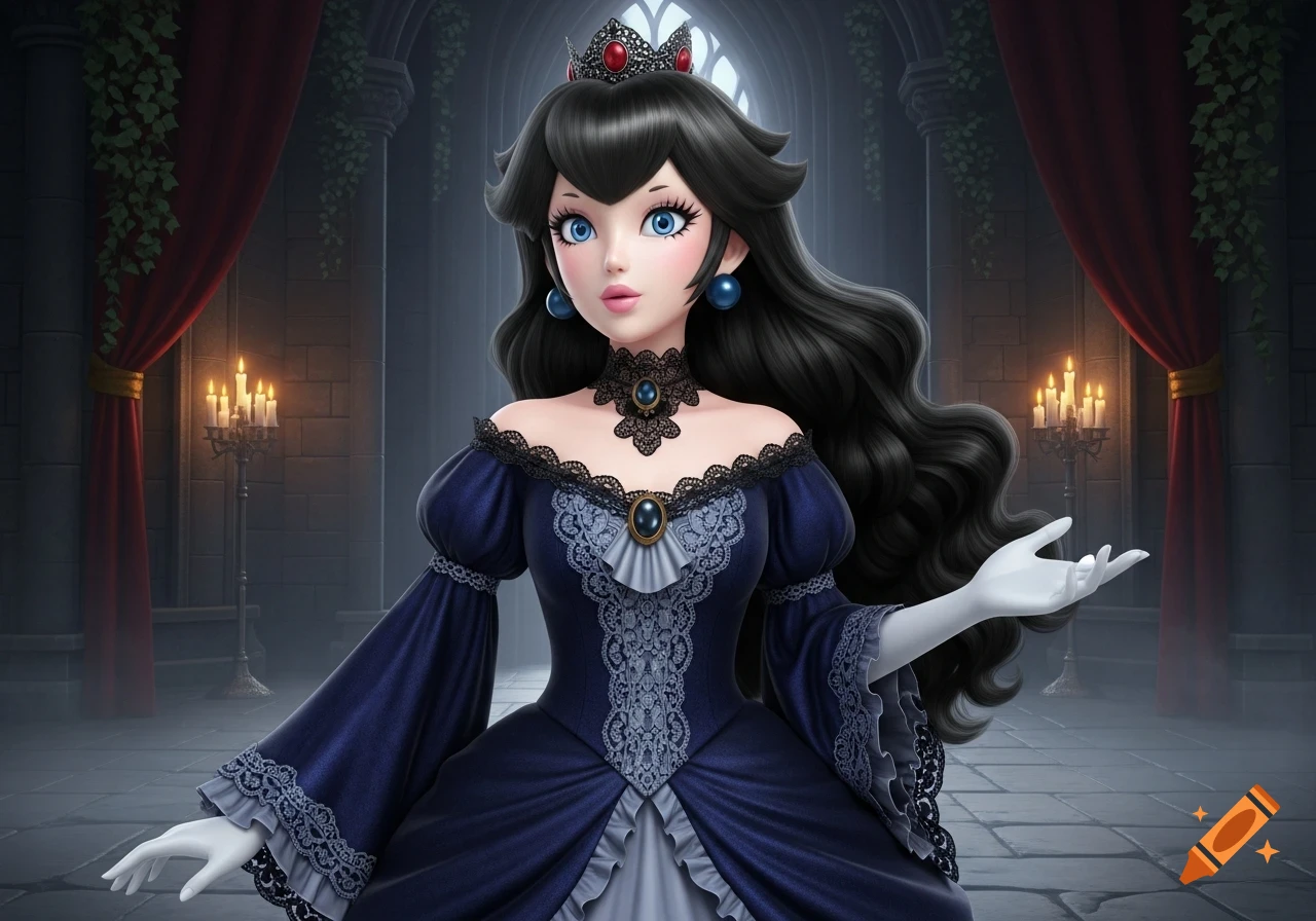 Gothic Princess Peach with long black hair, wearing a dark blue and ...