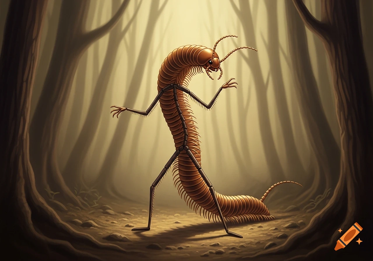 A tall, brown segmented millipede creature with thin stick-like limbs ...