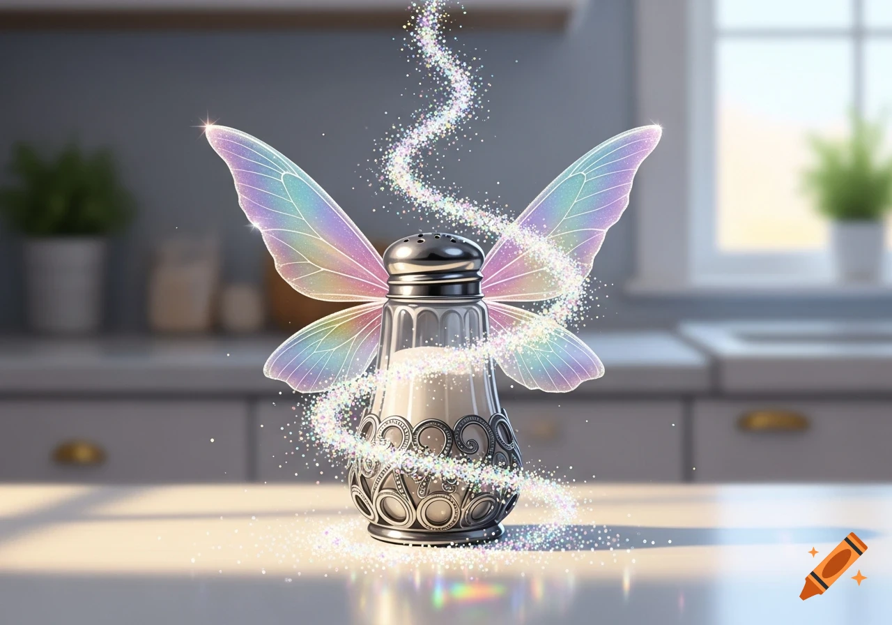 A salt shaker with iridescent fairy wings stands on a kitchen counter ...