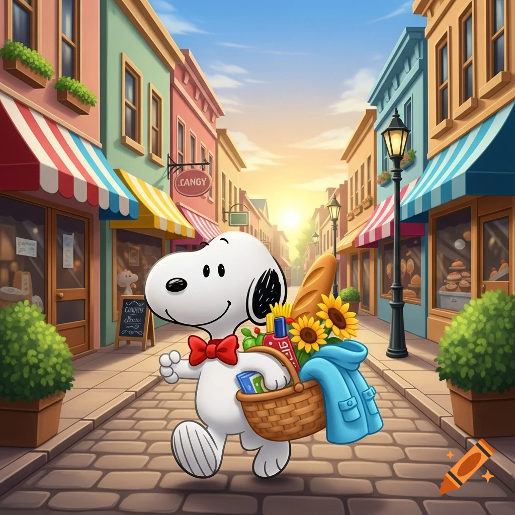 Snoopy, wearing a red bow tie, walks down a charming cartoon street at ...