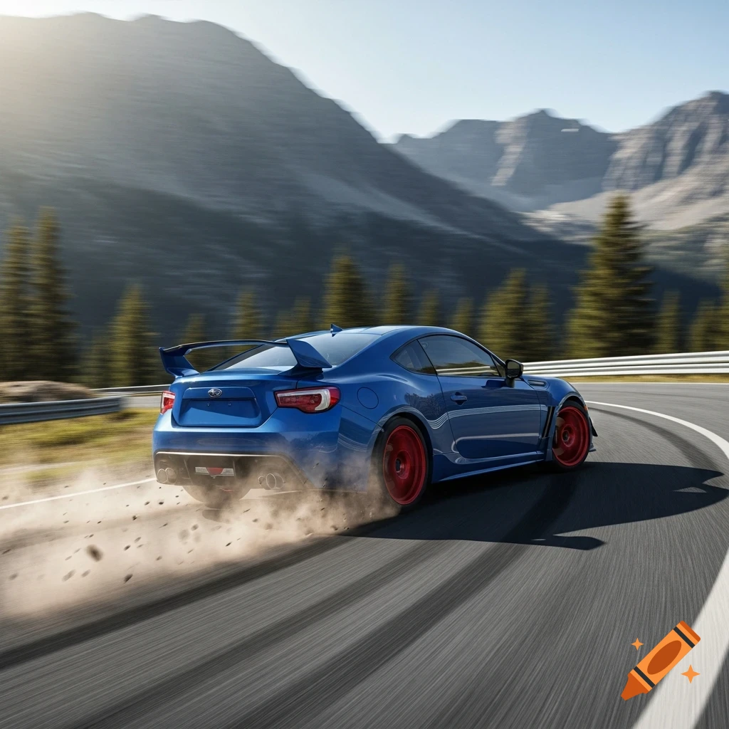 Blue Subaru sports car with red wheels drifts on a winding mountain ...