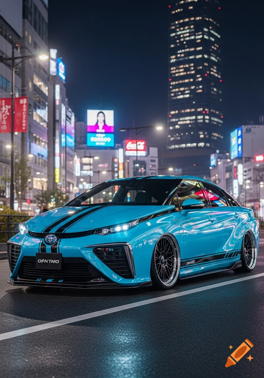A custom bright blue Toyota Mirai car with black racing stripes parked ...