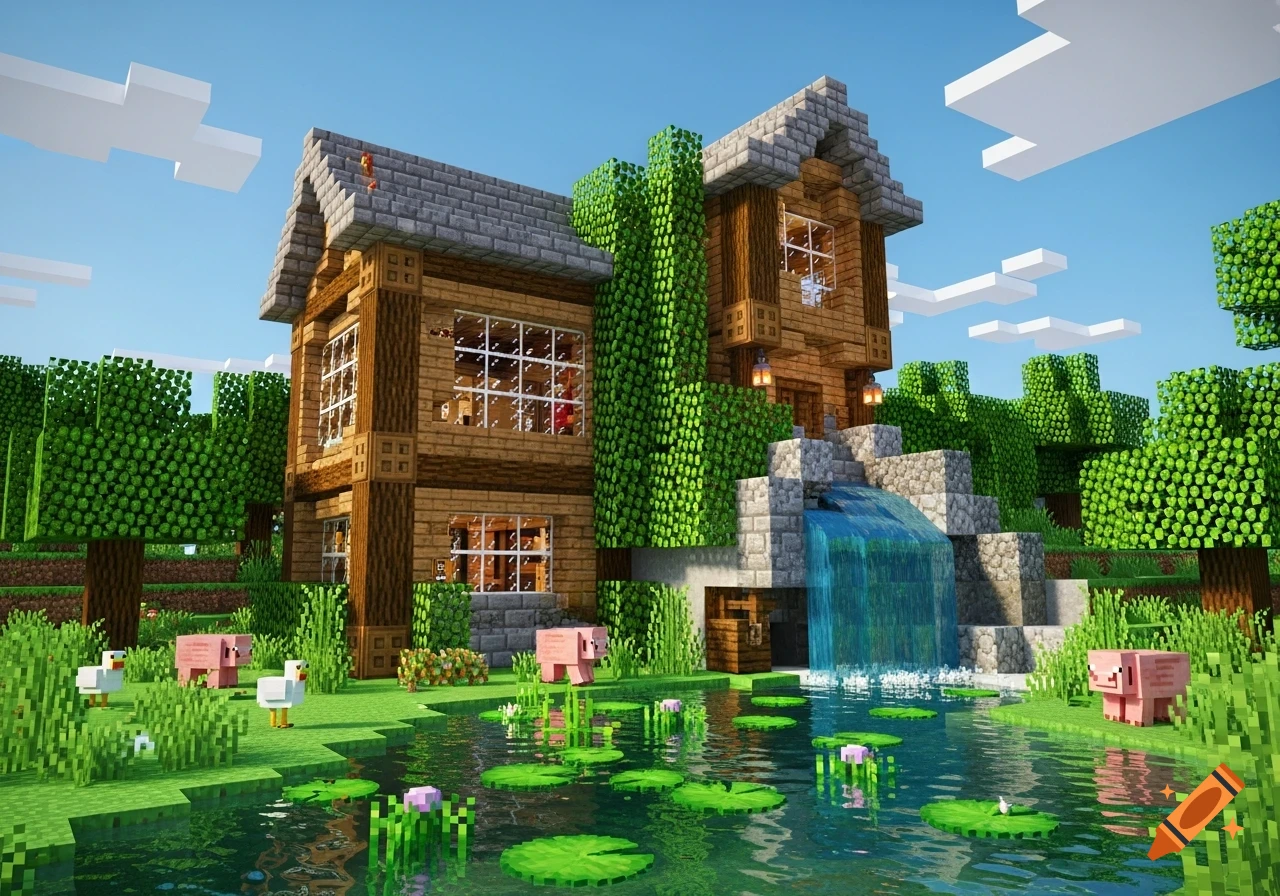 A vibrant Minecraft-style house with a waterfall flowing into a pond ...