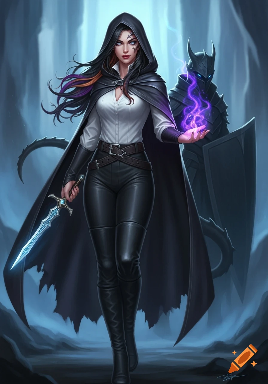 A female necromancer in a dark hooded cloak and leather, holding a ...