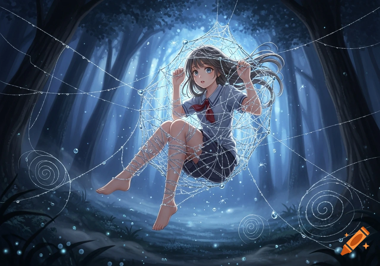 Anime girl suspended in a glistening spider web cocoon in a dark ...