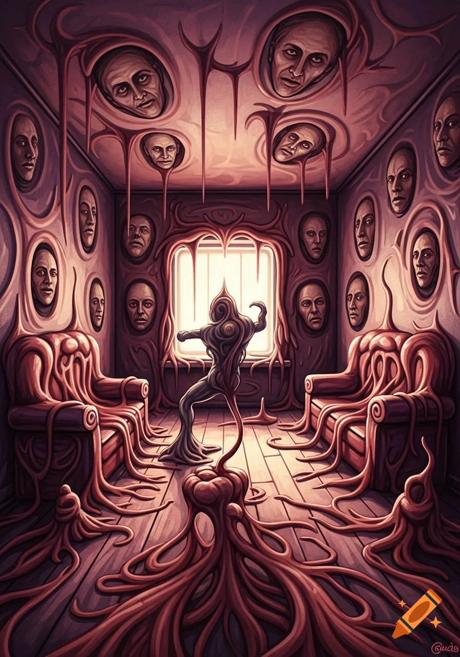A dark, surreal room with melting, flesh-like forms, distorted human ...