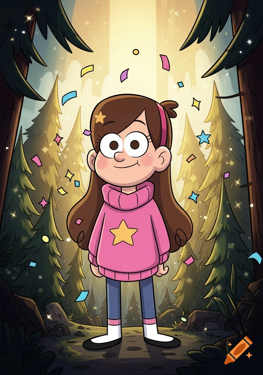 Mabel Pines, a cartoon girl with long brown hair and a pink star ...