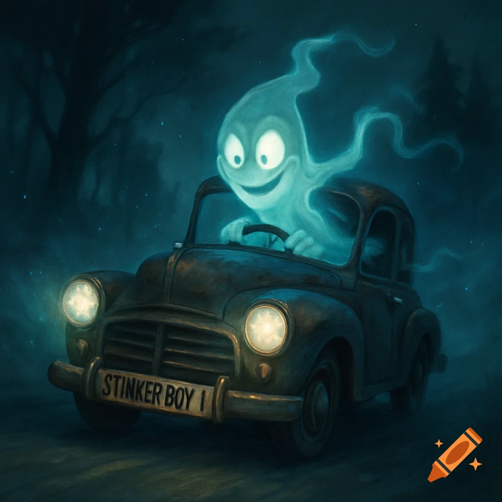 A happy, glowing blue ghost drives an old dark car at night, with ...