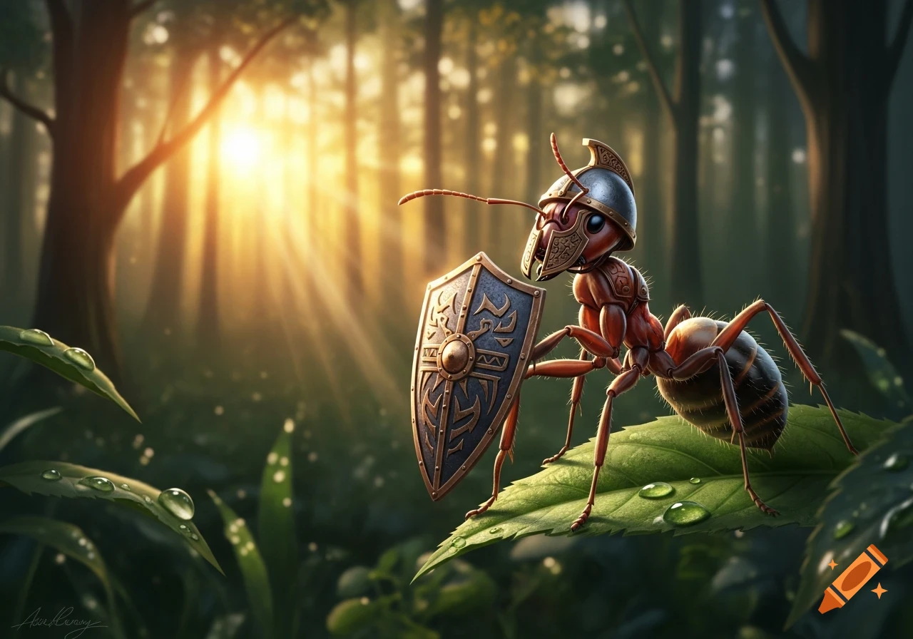 An armored ant soldier with a shield stands on a green leaf with water ...