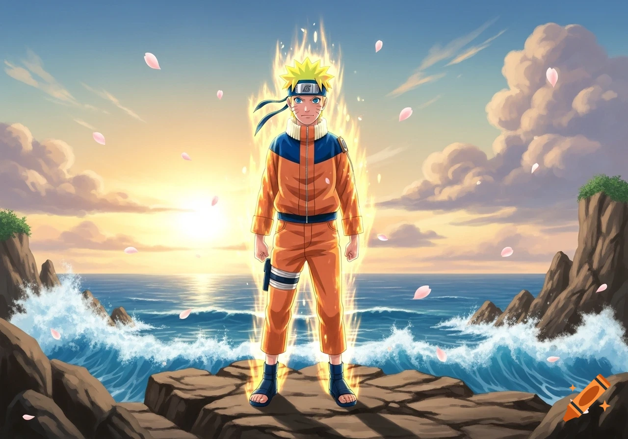 Anime illustration of Naruto glowing with a golden aura, standing on ...
