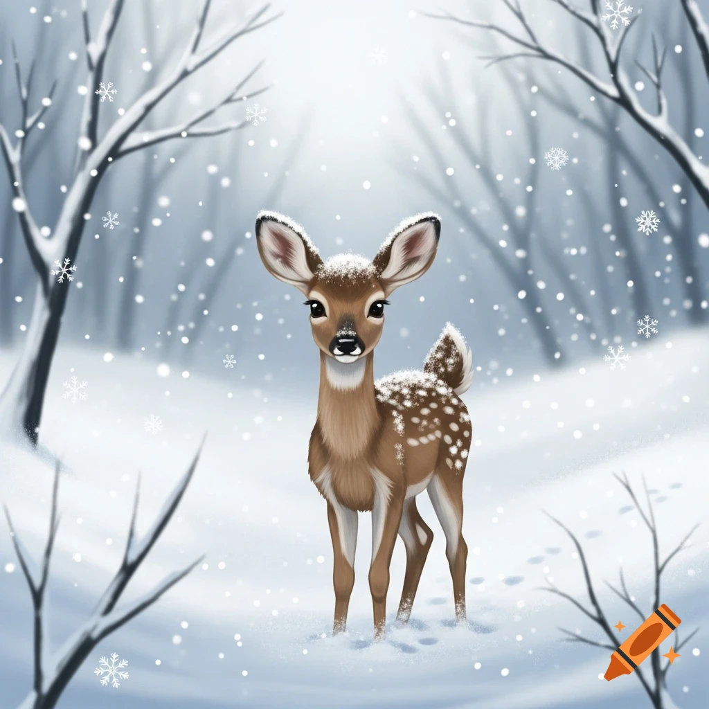 A cute cartoon fawn stands in a snowy forest with bare trees and ...